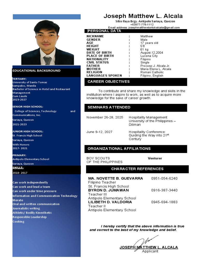 Joseph Matthew L. Alcala: Personal Data | PDF | Philippines