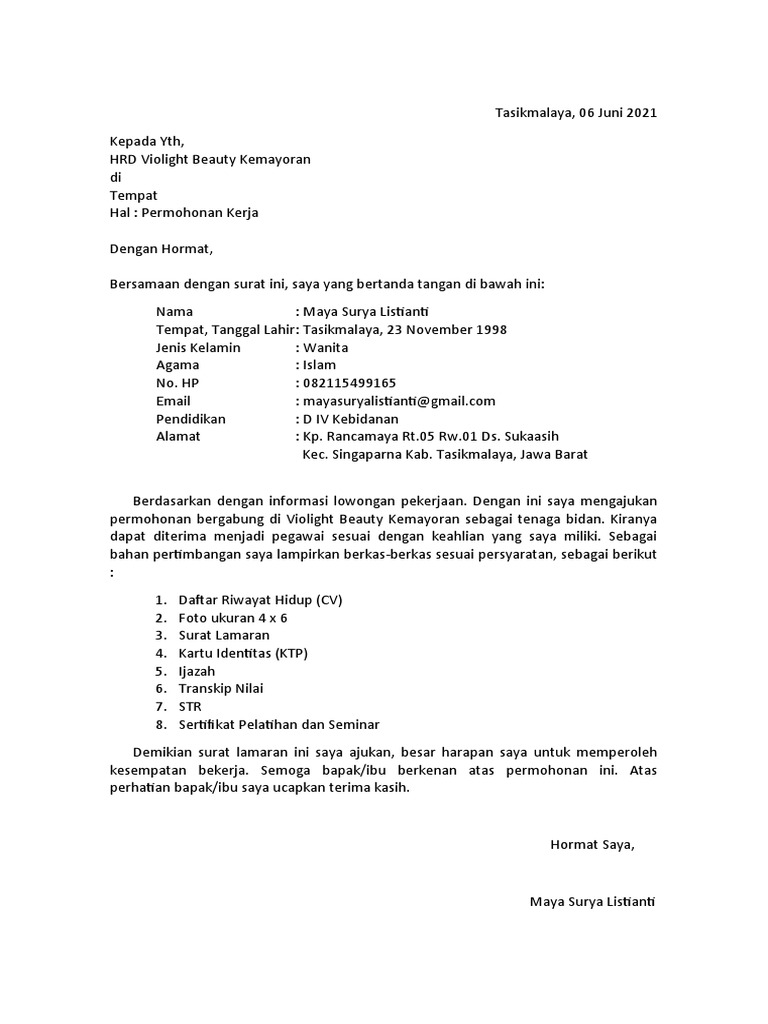 Lamaran Bidan Maya ke Violight Beauty | PDF | Karier & Perkembangan ...