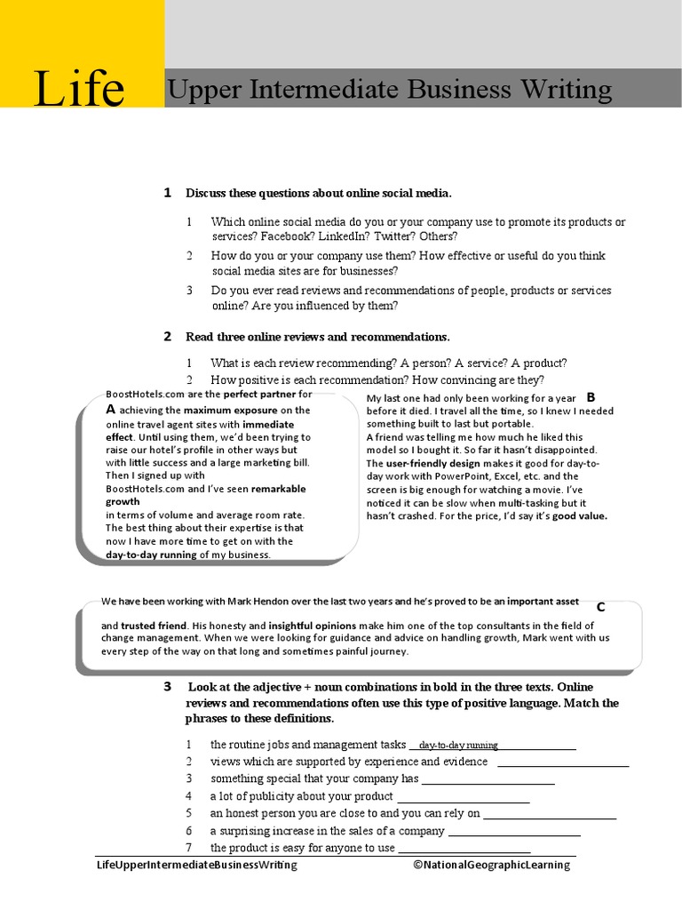 Upper Intermediate Business Writing: Worksheet 2: Online Reviews and ...