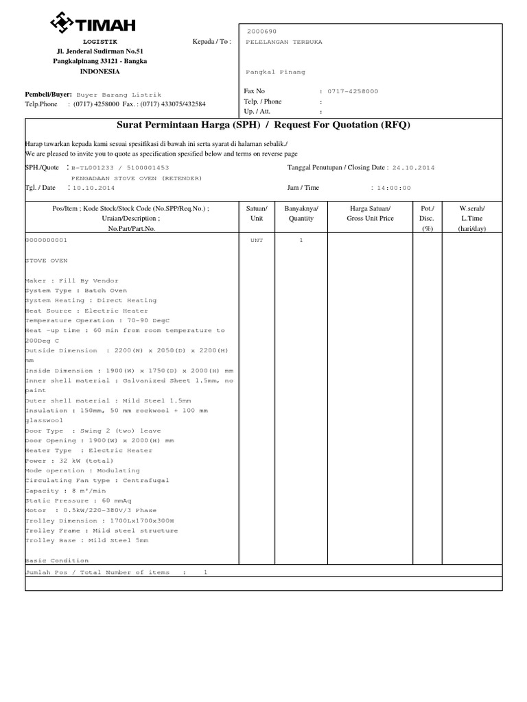 Surat Permintaan Harga (SPH) / Request For Quotation (RFQ) | PDF ...