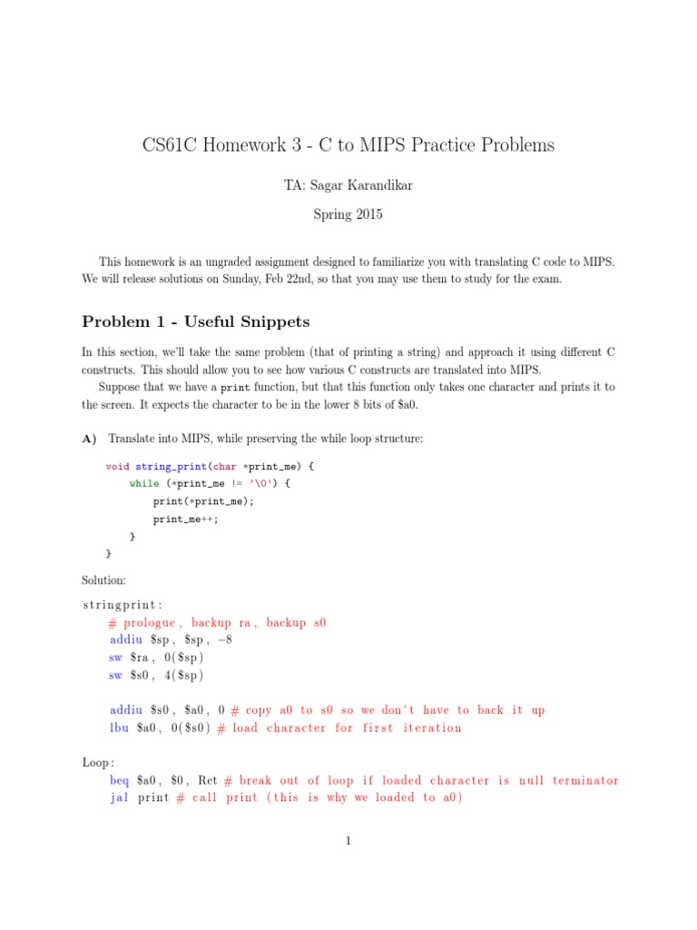 CS61C Homework 3 - C To MIPS Practice Problems: Problem 1 - Useful Snippets | Download Free PDF ...