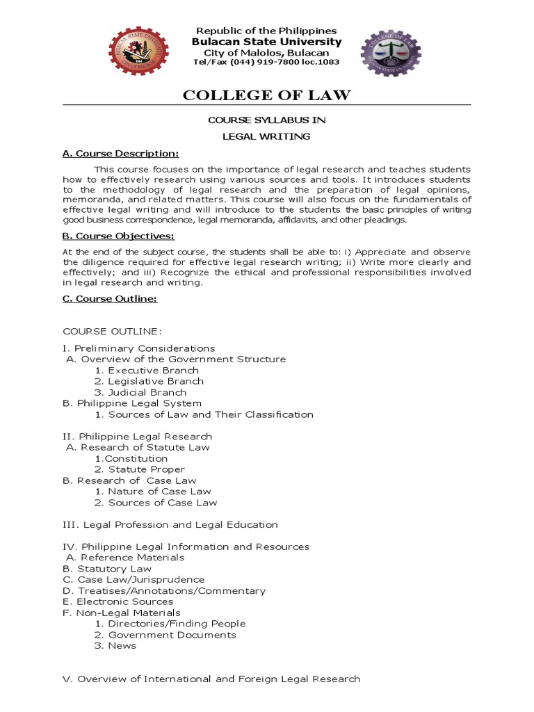 SYLLABUS IN LEGAL Research and WRITING | PDF | Case Law | Legal Education