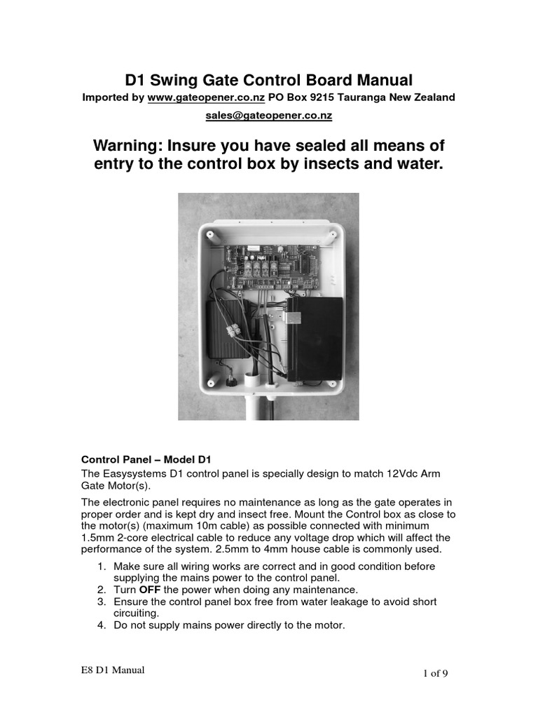 D1 Swing Gate Control Board Manual | PDF | Mains Electricity | Switch