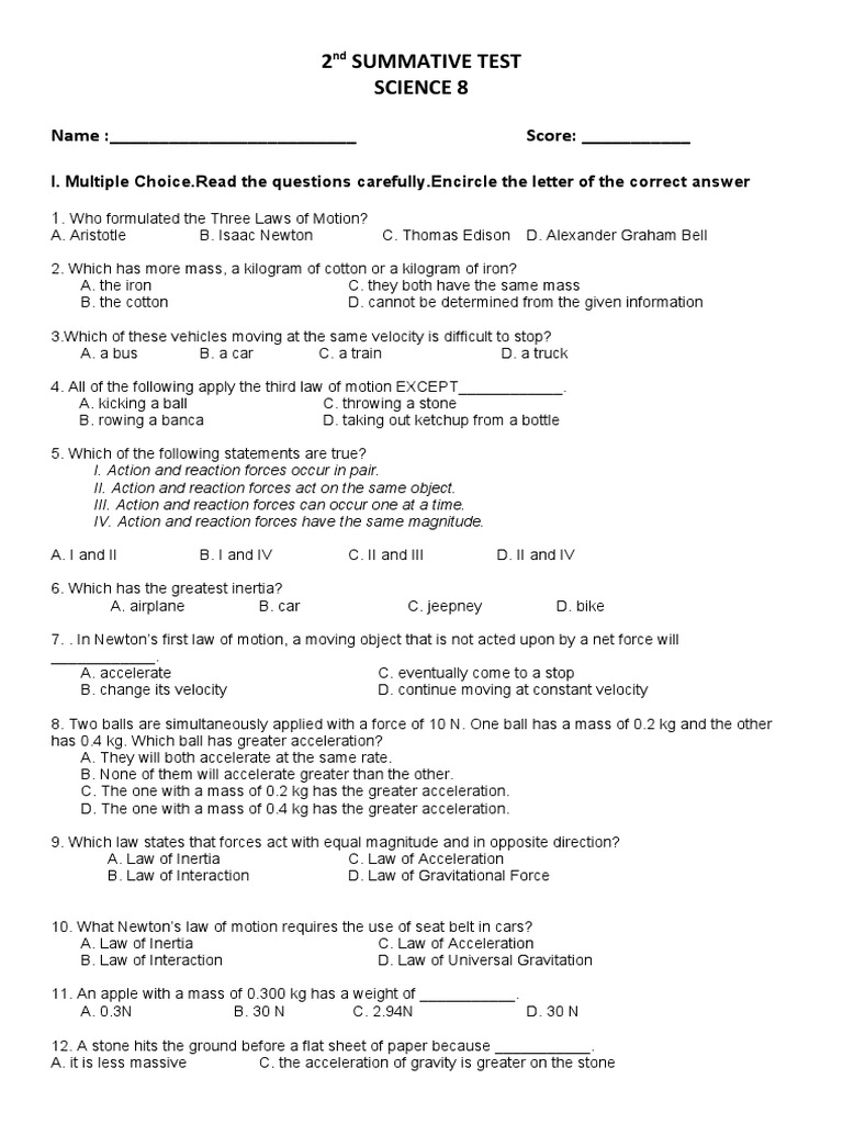 Newton's Laws of Motion Test 8th Grade | PDF | Force | Newton's Laws Of ...