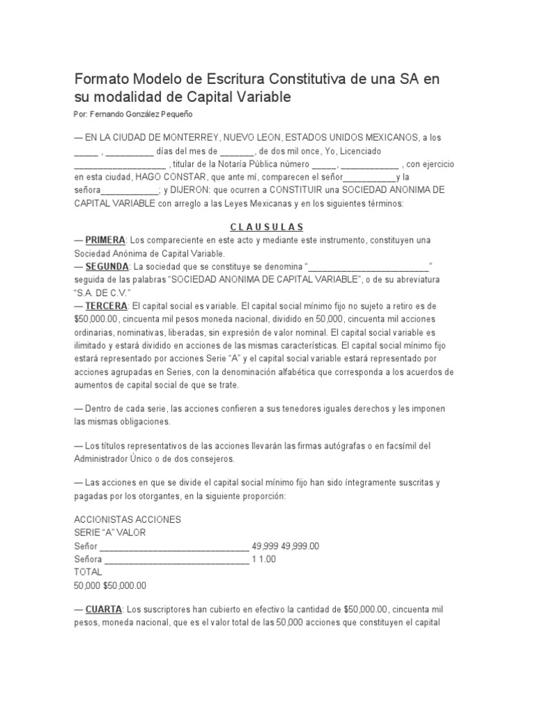 Formato Modelo de Escritura Constitutiva de Una SA en Su Modalidad de Capital Variable | PDF ...