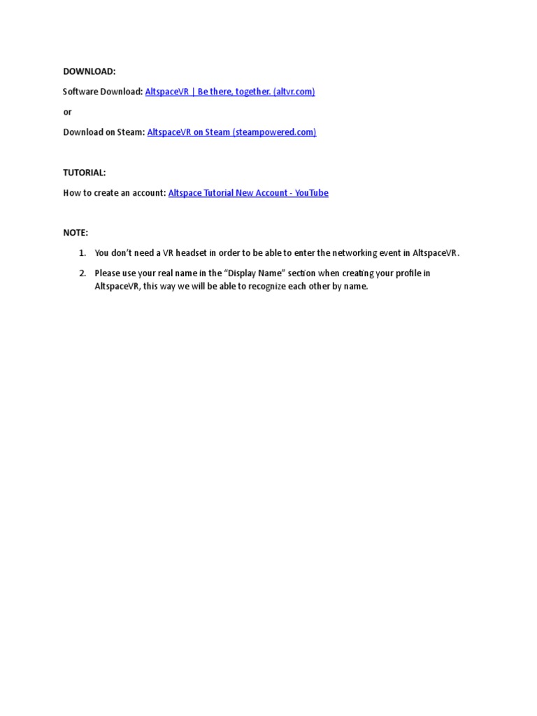AltspaceVR Download & Account Setup | PDF | Computers