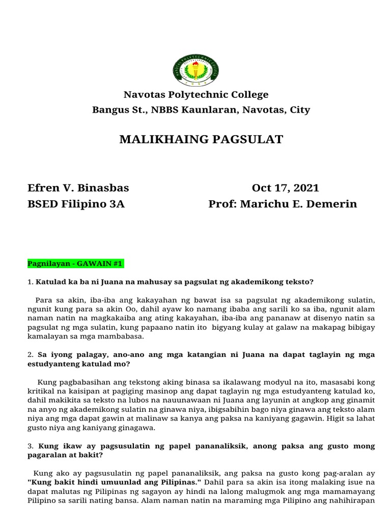 MODYUL 1 - MALIKHAING PAGSULAT - Efren Binasbas PDF | PDF