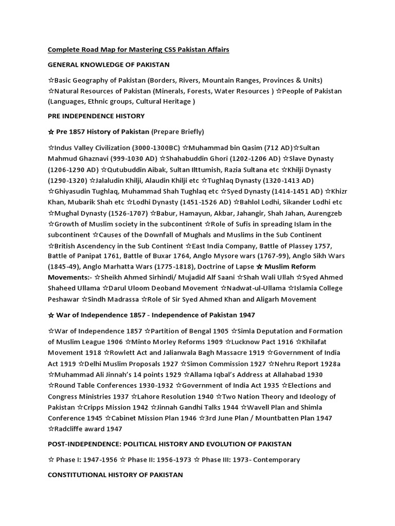 Complete Road Map For Mastering CSS Pakistan Affairs | PDF | Pakistan ...