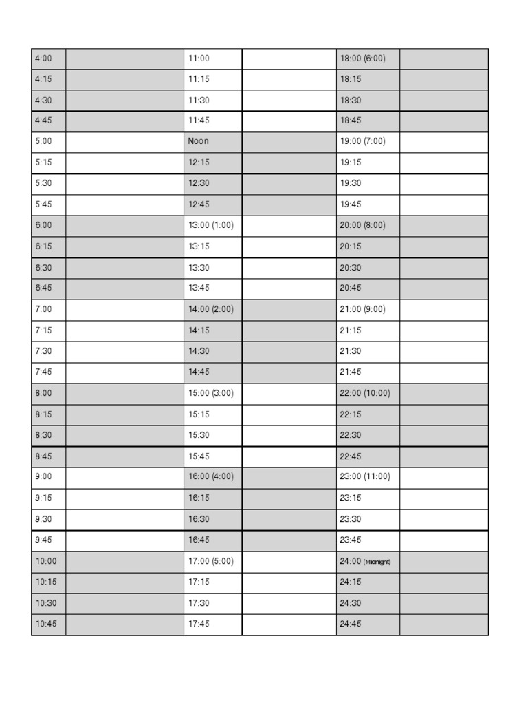 Timetable showing hourly times from 4pm to midnight | PDF