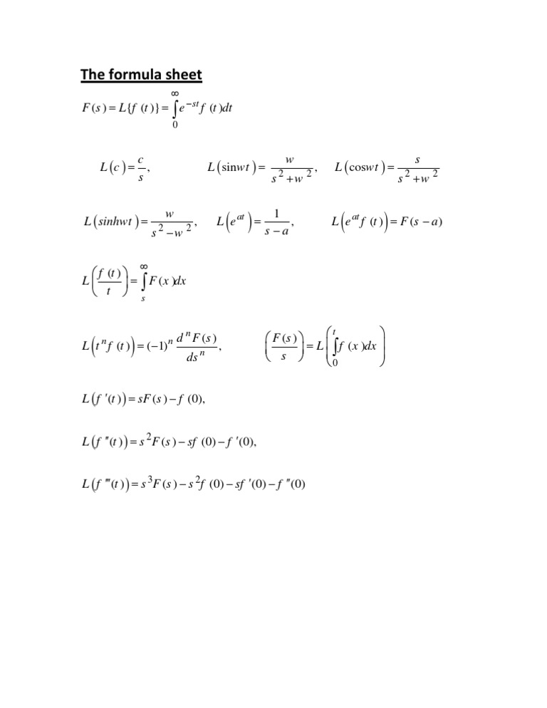 Laplace Transform Formula Sheet | PDF Laplace Transform Formula Sheet | PDF