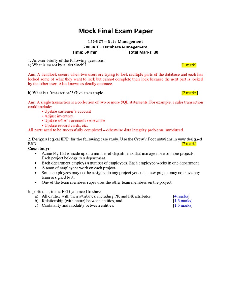 Mock Final Exam Paper - Solution | PDF | Database Transaction | Databases