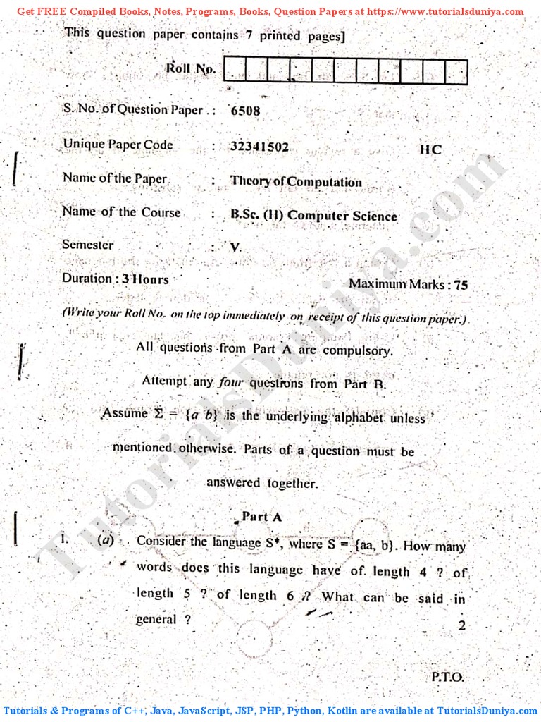 Theory of Computation Question Paper 2017 - Tutorialsduniya | PDF | Computer Programming | Computing
