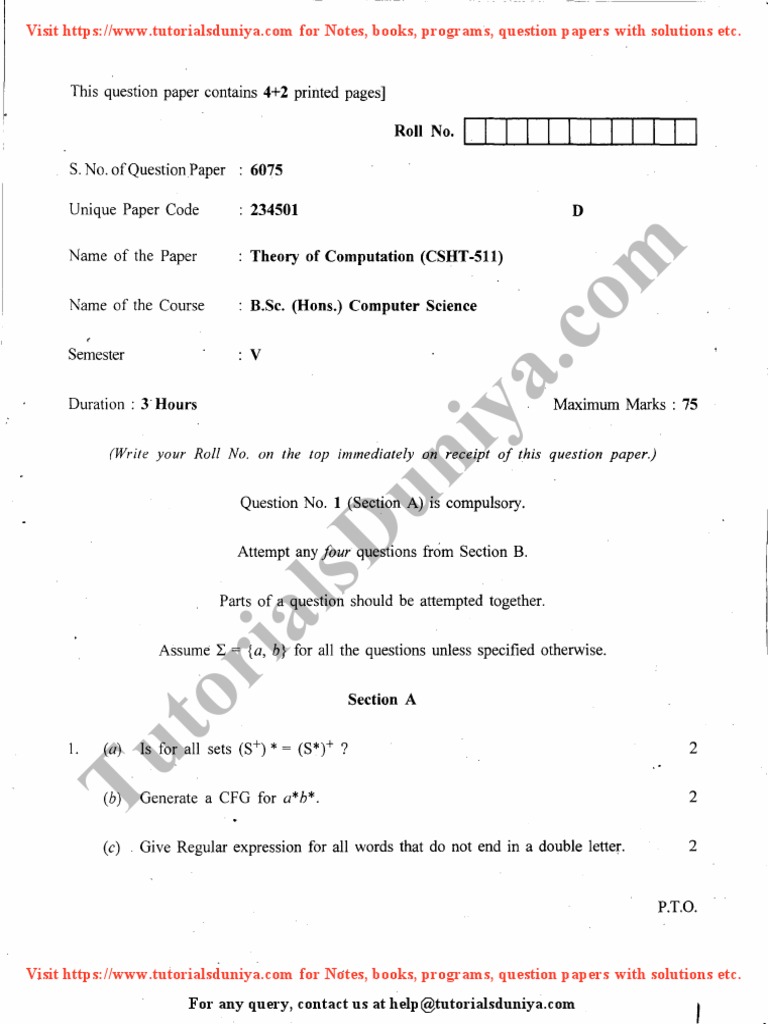 Theory of Computation (CSHT-511) Question Paper: Semester V Exam with Detailed Questions on ...