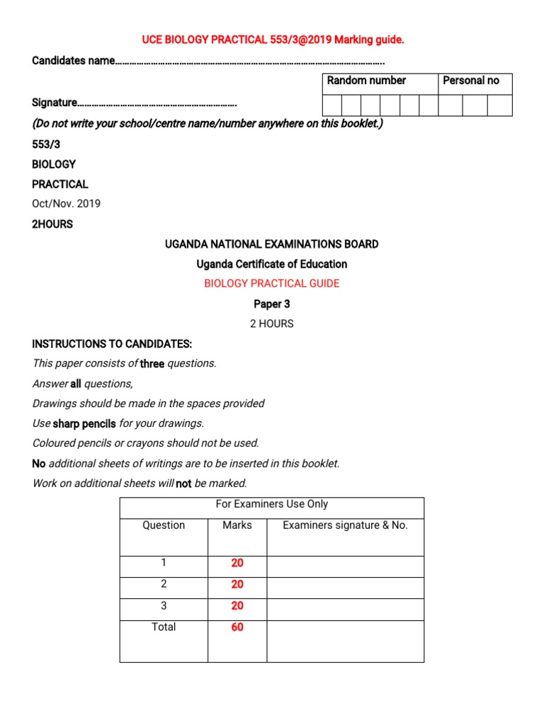 Uce Biology Practical (Paper 3) 2019 Marking Guide | PDF