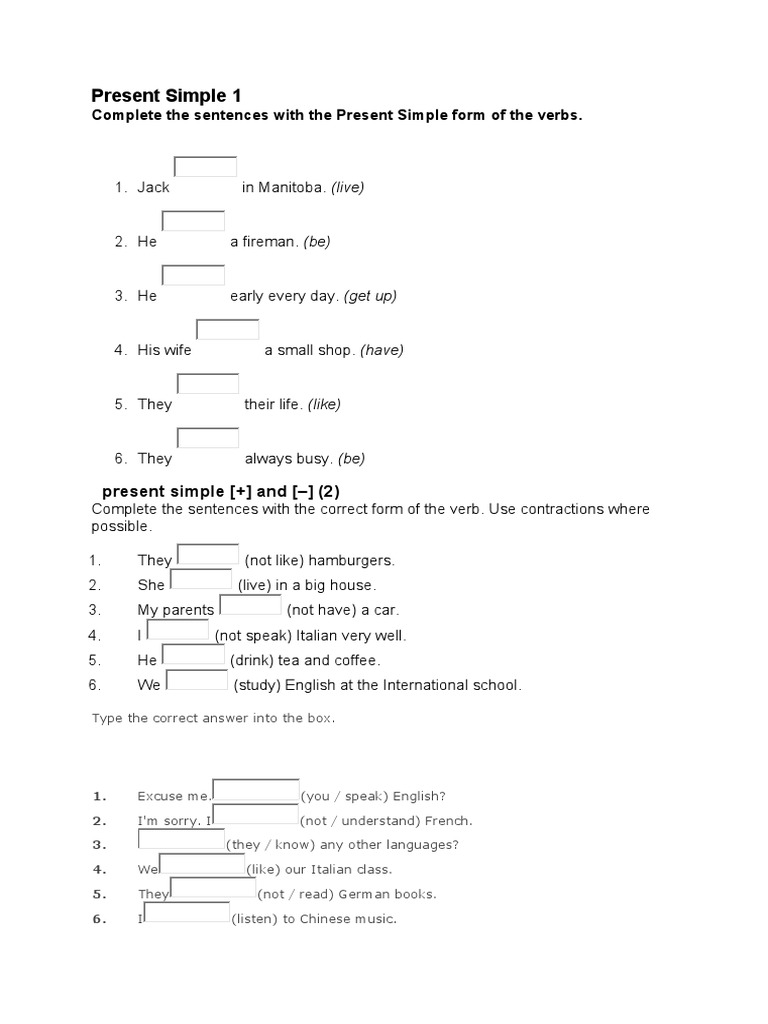 Present Simple 1: Complete The Sentences With The Present Simple Form ...
