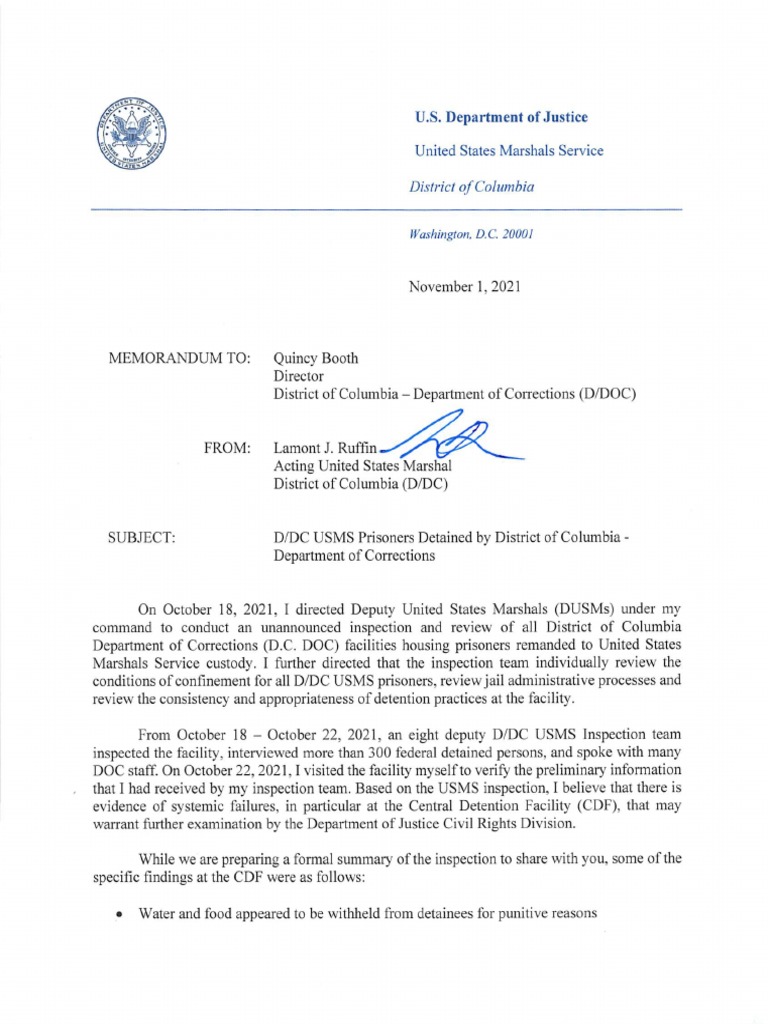 A U.S. Marshal Memo On DC Jail Inspection | PDF