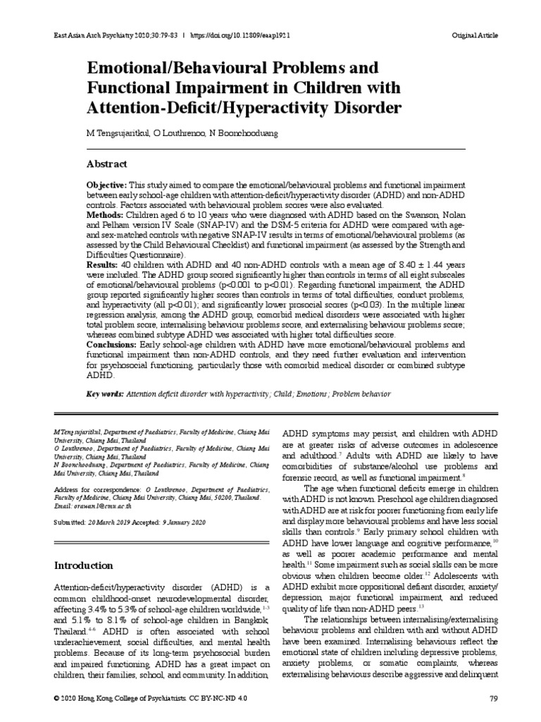 Emotional/Behavioural Problems and Functional Impairment in Children With Attention-Deficit ...