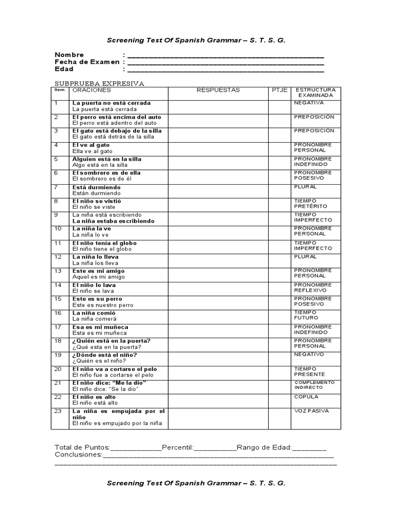 Screening Test of Spanish Grammar (Protocolo Con Item A Evaluar) 2 ...