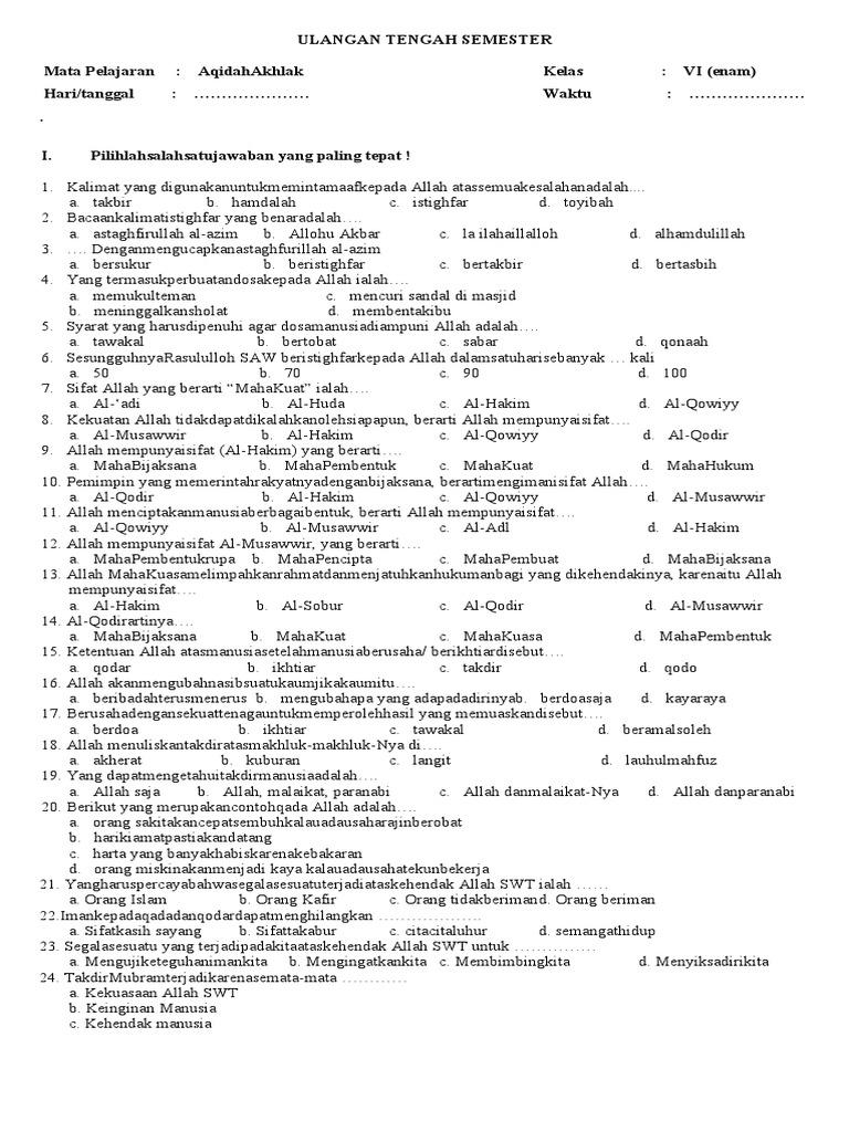 Soal Uts 1 Aqidah Kls 6 | PDF