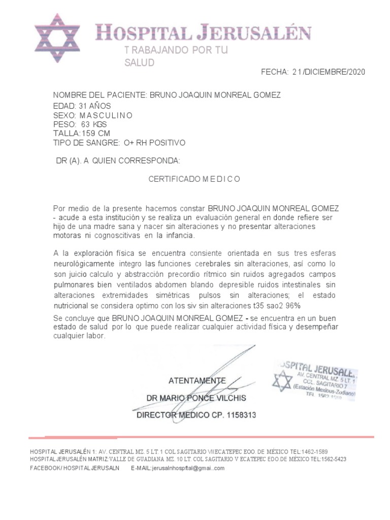 Certificado Medico | PDF | Cuidado de la salud | Enfermedades y trastornos