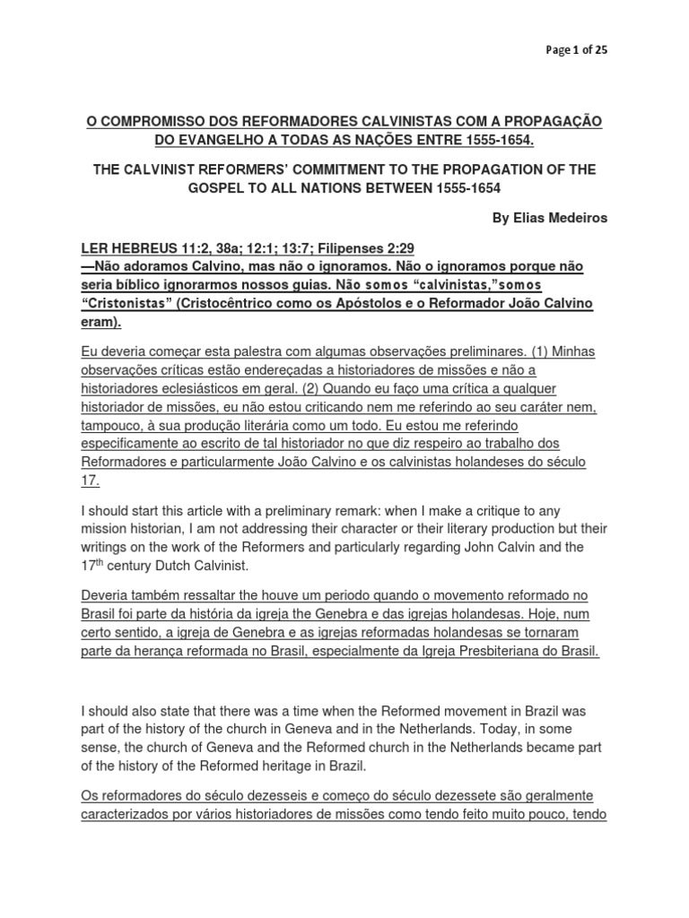 Rev Elias Medeiros O Compromisso de Joao Calvino Na Propagacao Do ...