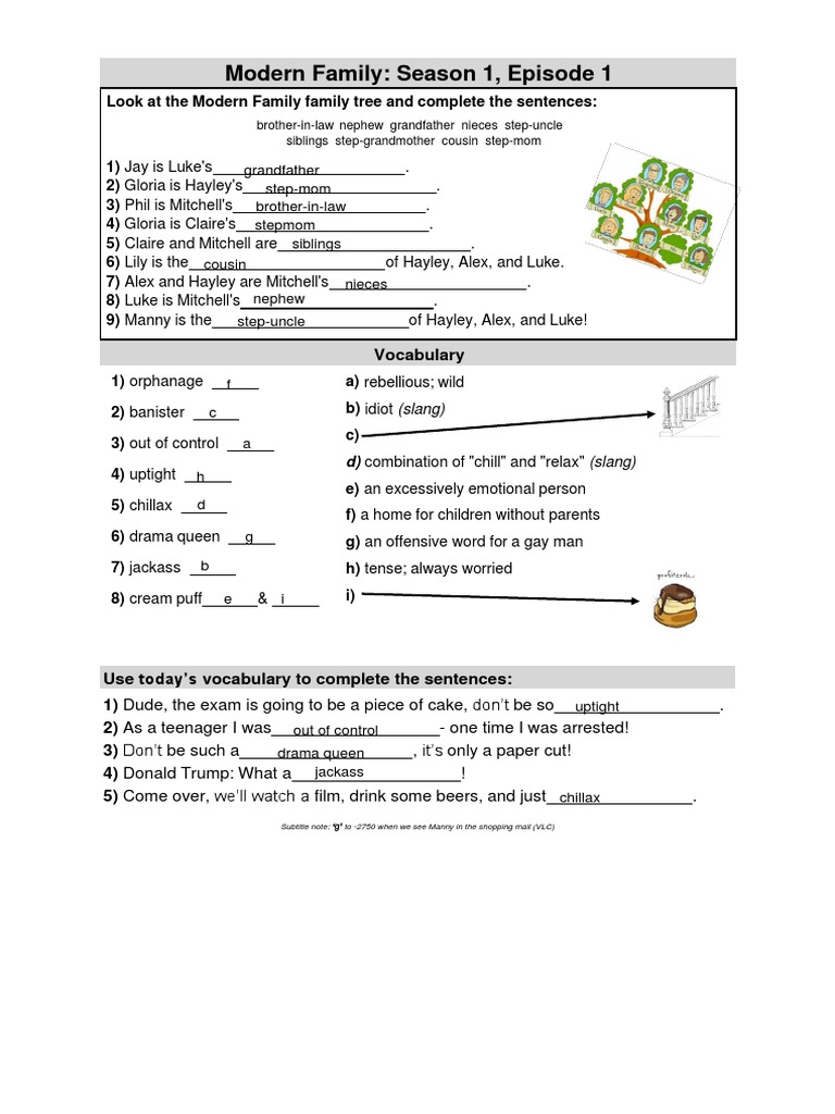 Modern Family Worksheet - S1 E1 L1 | PDF