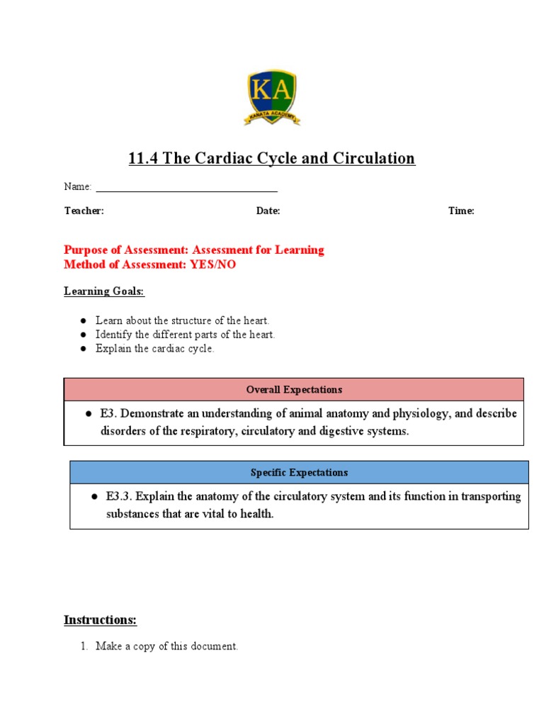 11.4 The Cardiac Cycle and Circulation: Purpose of Assessment ...