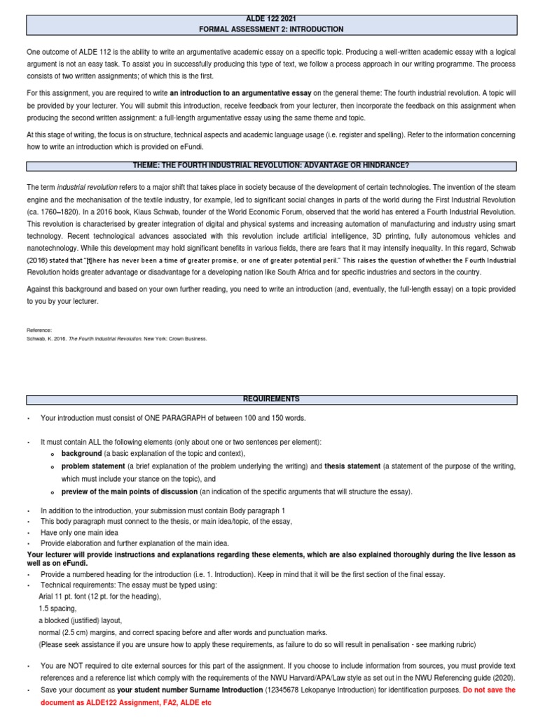 ALDE 122 2021 Formal Assessment 2: Introduction | PDF | Essays | Human ...