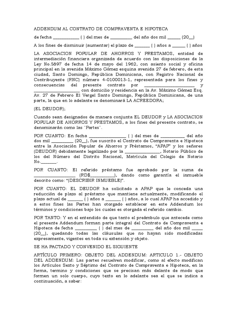 Addendum Al Contrato de Compraventa e Hipoteca | PDF | Pagos | Hipoteca Comercial
