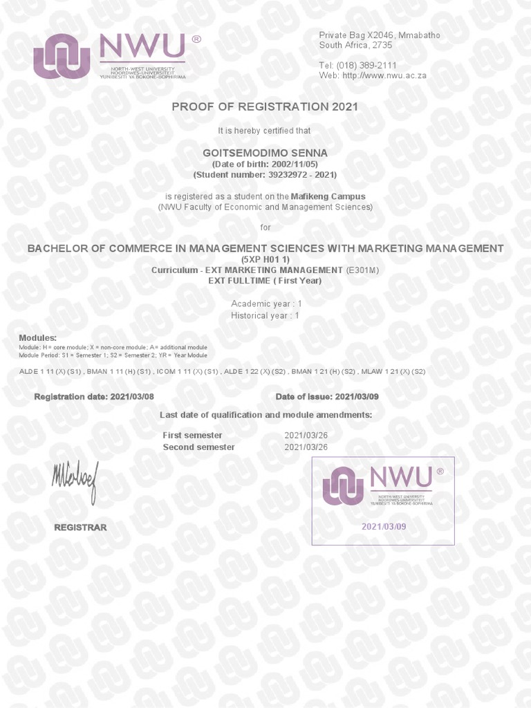 Proof of Registration 2021: Goitsemodimo Senna | PDF