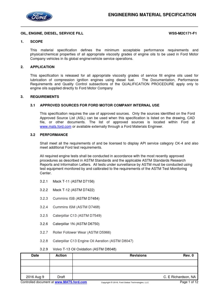 Oil, Engine, Diesel, Service Fill WSS-M2C171-F1 1. Scope: Engineering Material Specification ...