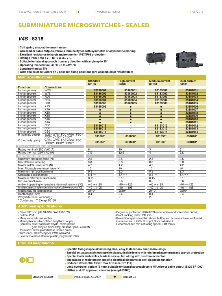 Subminiature Microswitches - Sealed: Main Specifications | PDF ...