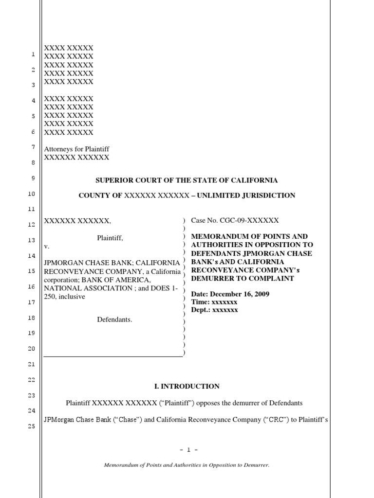Foreclosure Opposition To Demurrer FORM | PDF | Pleading | Demurrer
