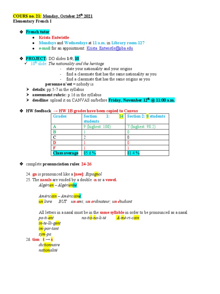 Elementary French I Course Outline and Upcoming Assignments | PDF ...