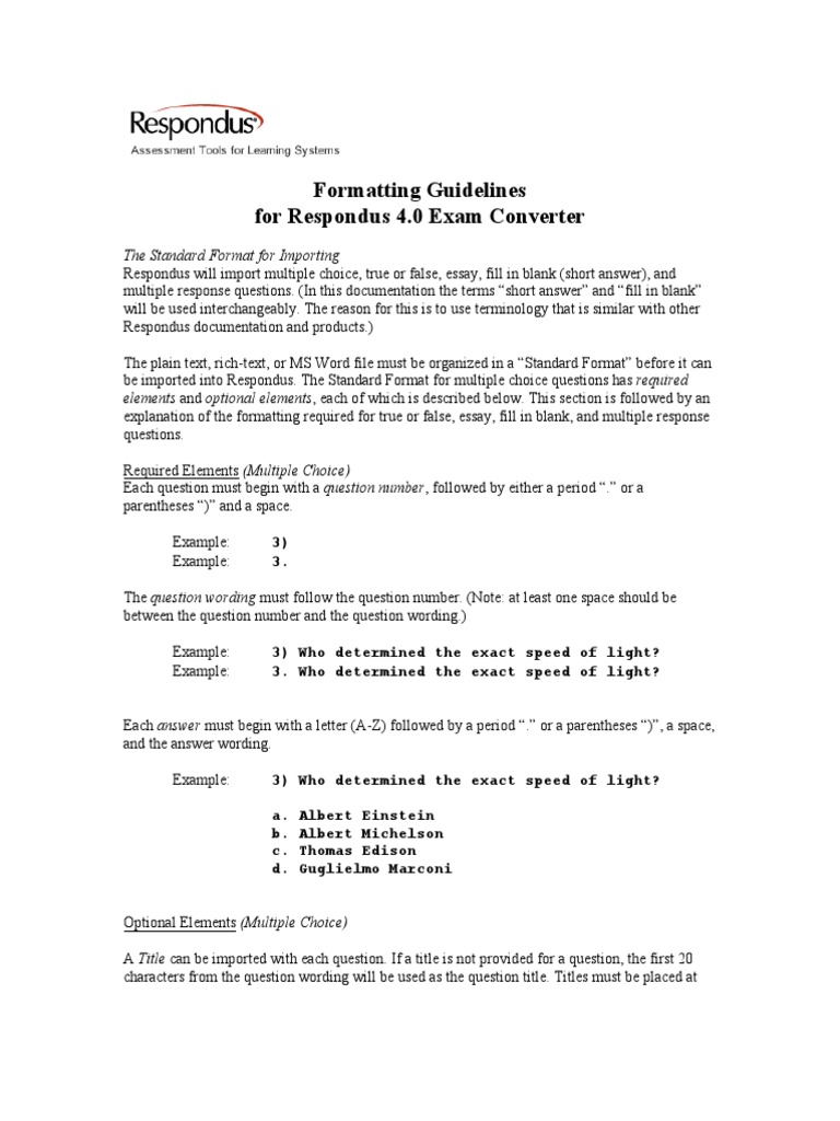 Formatting Guidelines For Respondus 4.0 Exam Converter: The Standard ...