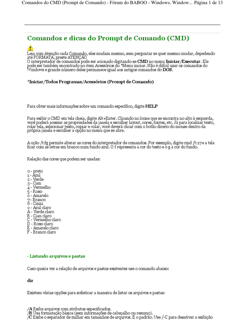 Comandos e Dicas Do Prompt de Comando (CMD) | PDF | Arquivo de texto ...