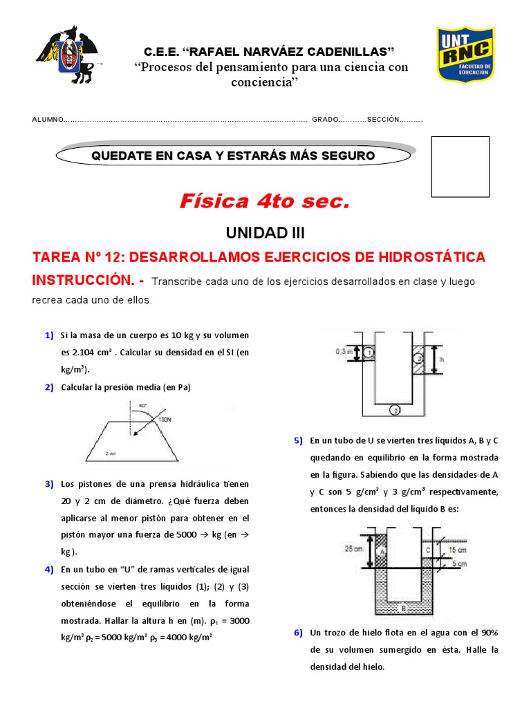 Tarea #12 - Desarrollamos Ejercicios de Hidrostática | PDF | Densidad | Esfera