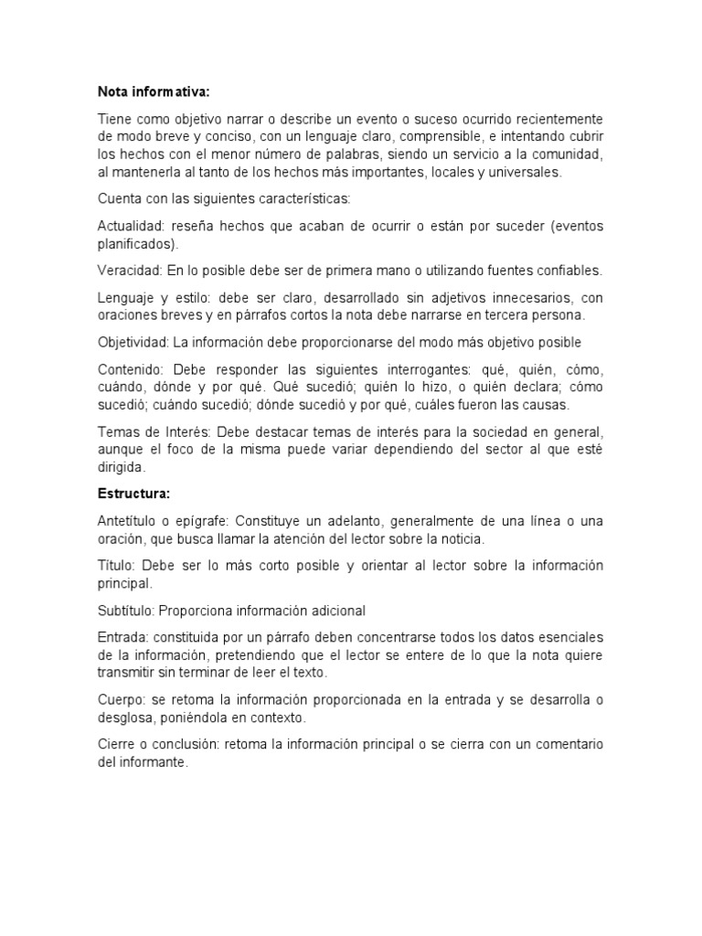 Características clave de una nota informativa breve y objetiva | PDF