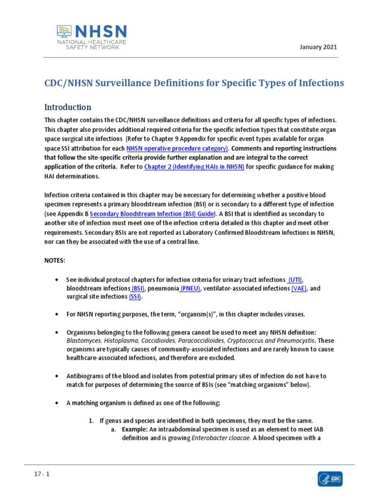 CDC/NHSN Surveillance Definitions For Specific Types of Infections ...