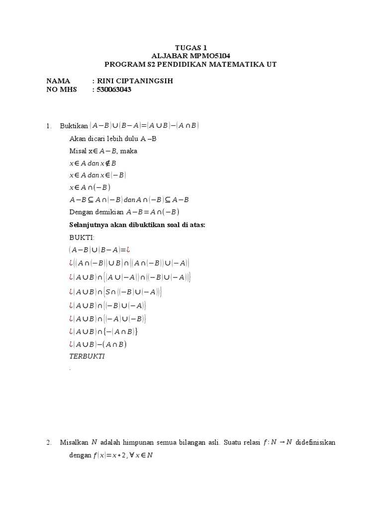 Tugas 1 Aljabar Riniciptaningsih 530063043 | PDF