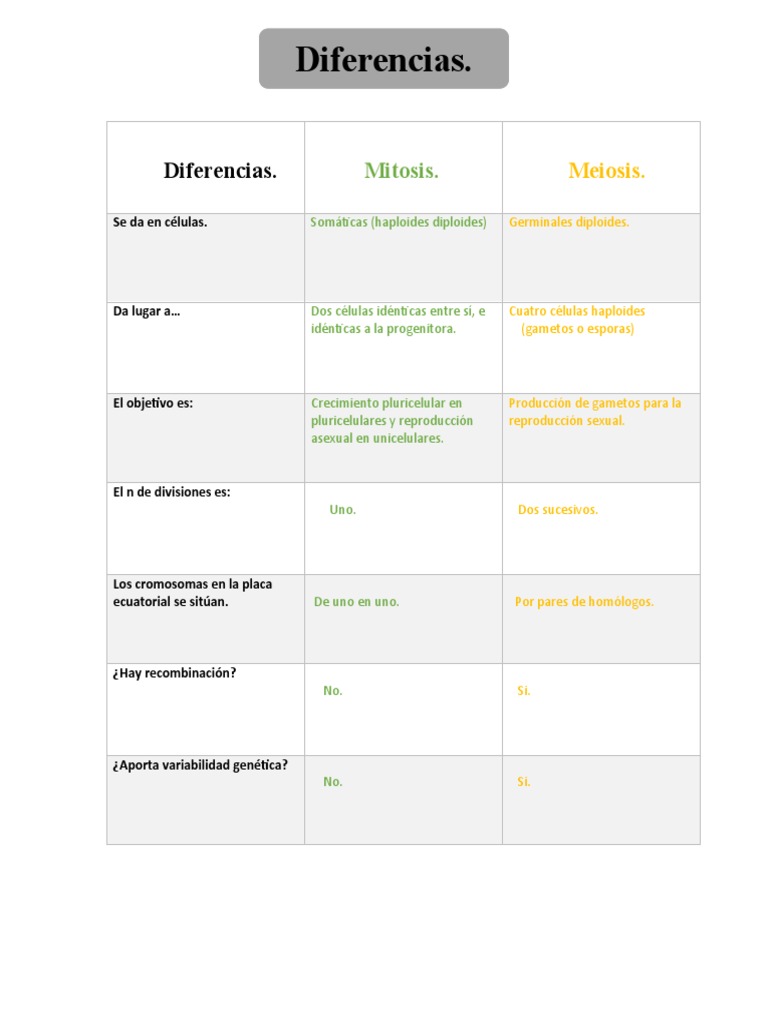 Diferencias Entre Mitosis Y Meiosis Cuadro Comparativo