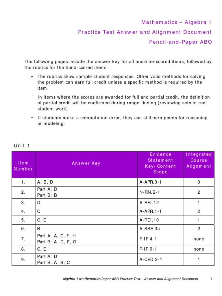 Algebra I Answer Keys For All Paper-Based Tests | PDF | Numbers | Equations