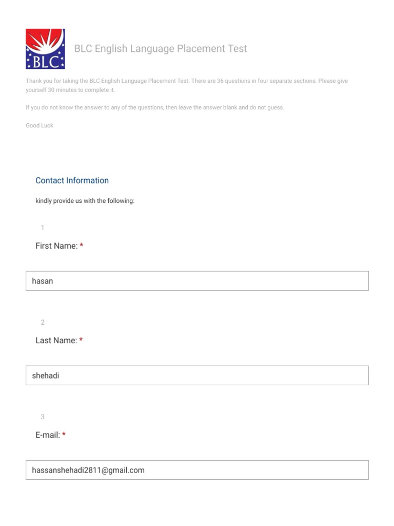 BLC English Language Placement Test | PDF | Privacy
