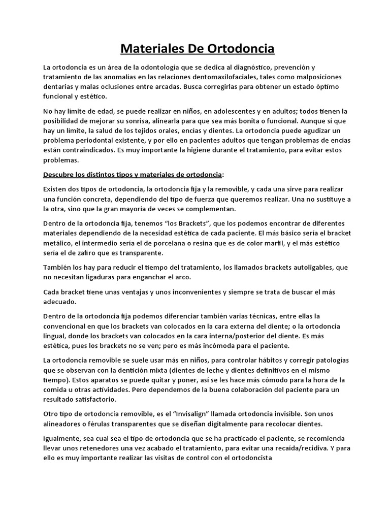 Materiales de Ortodoncia | PDF | Ortodoncia | Ramas de Odontología