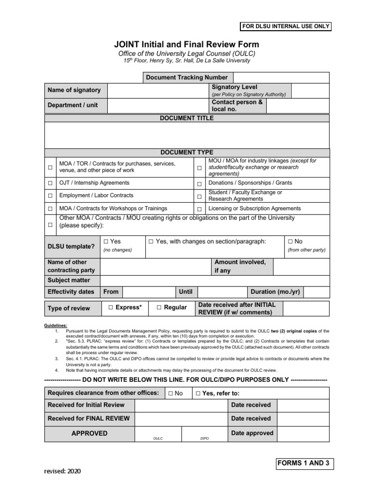 Joint Initial and Final Review Form for DLSU Internal Documents ...