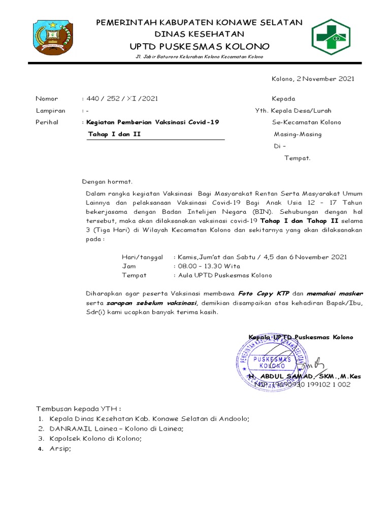 SURAT Pelaksanaan Vaksinasi BIN | PDF