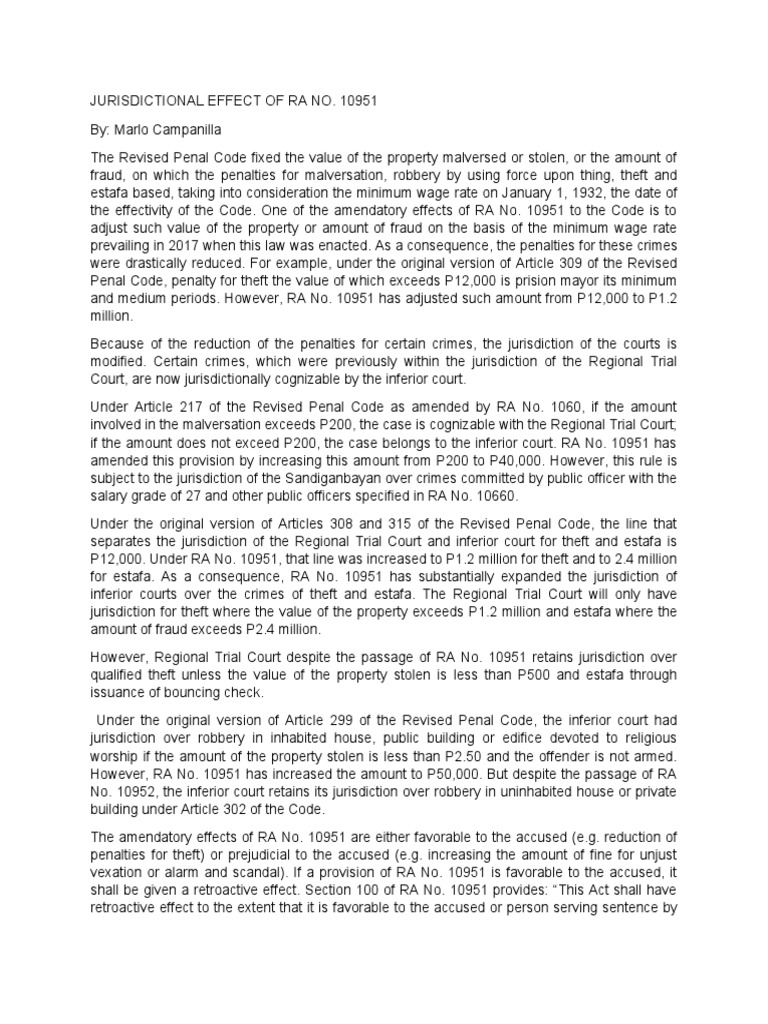 Legal Impact of RA No. 10951 | PDF | Theft | Jurisdiction