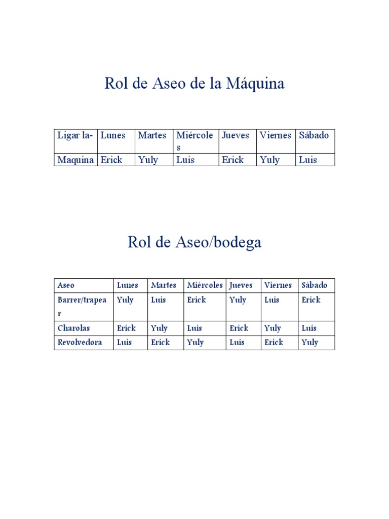 Rol de Aseo Trabajo | PDF
