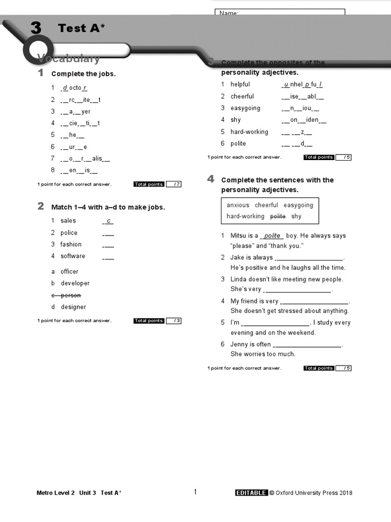 Metro Level 2 Unit 3 Test A One Star | PDF