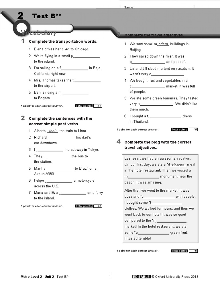 Metro Level 2 Unit 2 Test B Two Stars | PDF | Linguistics